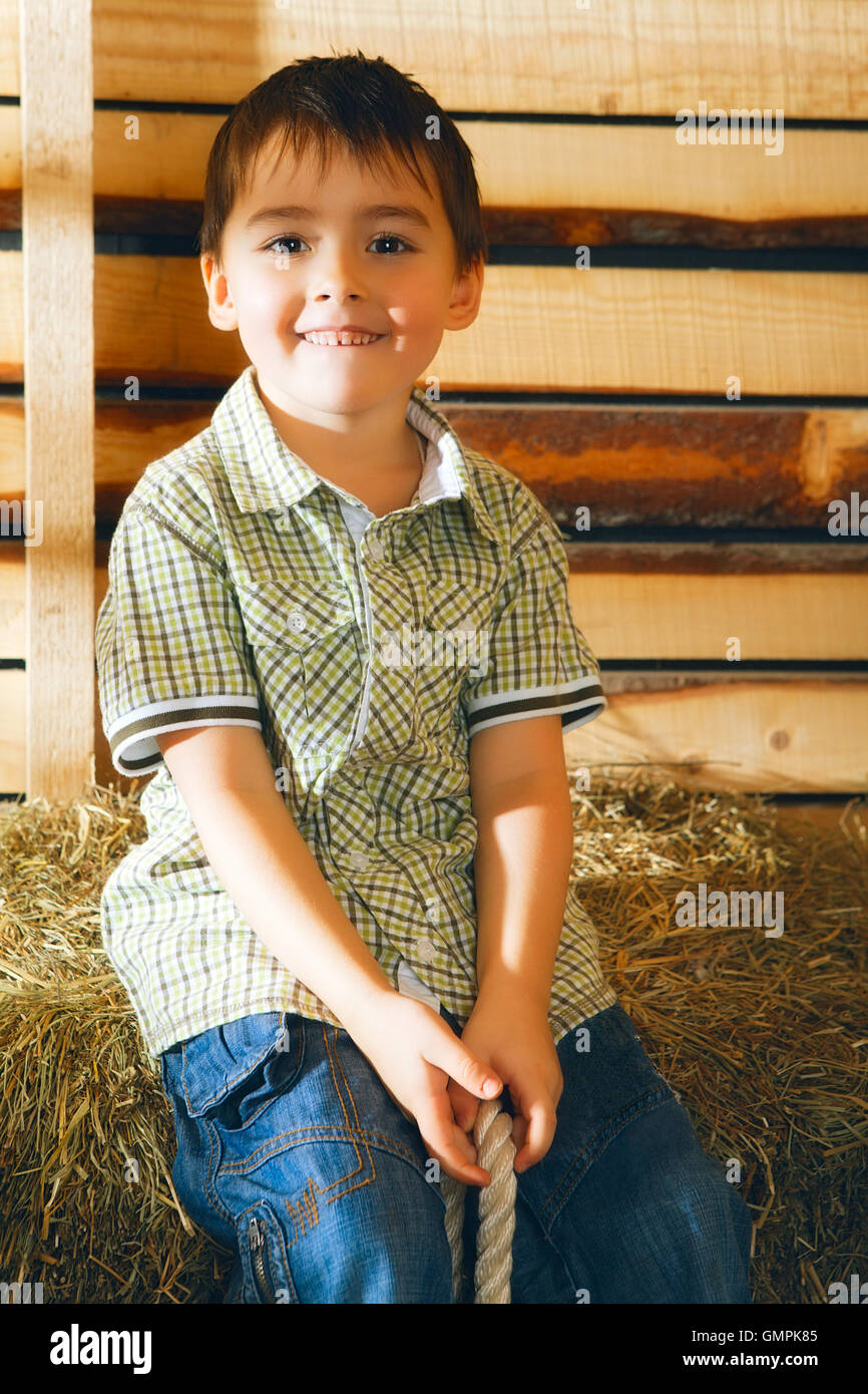 Boy on Hayloft Stock Photo - Alamy