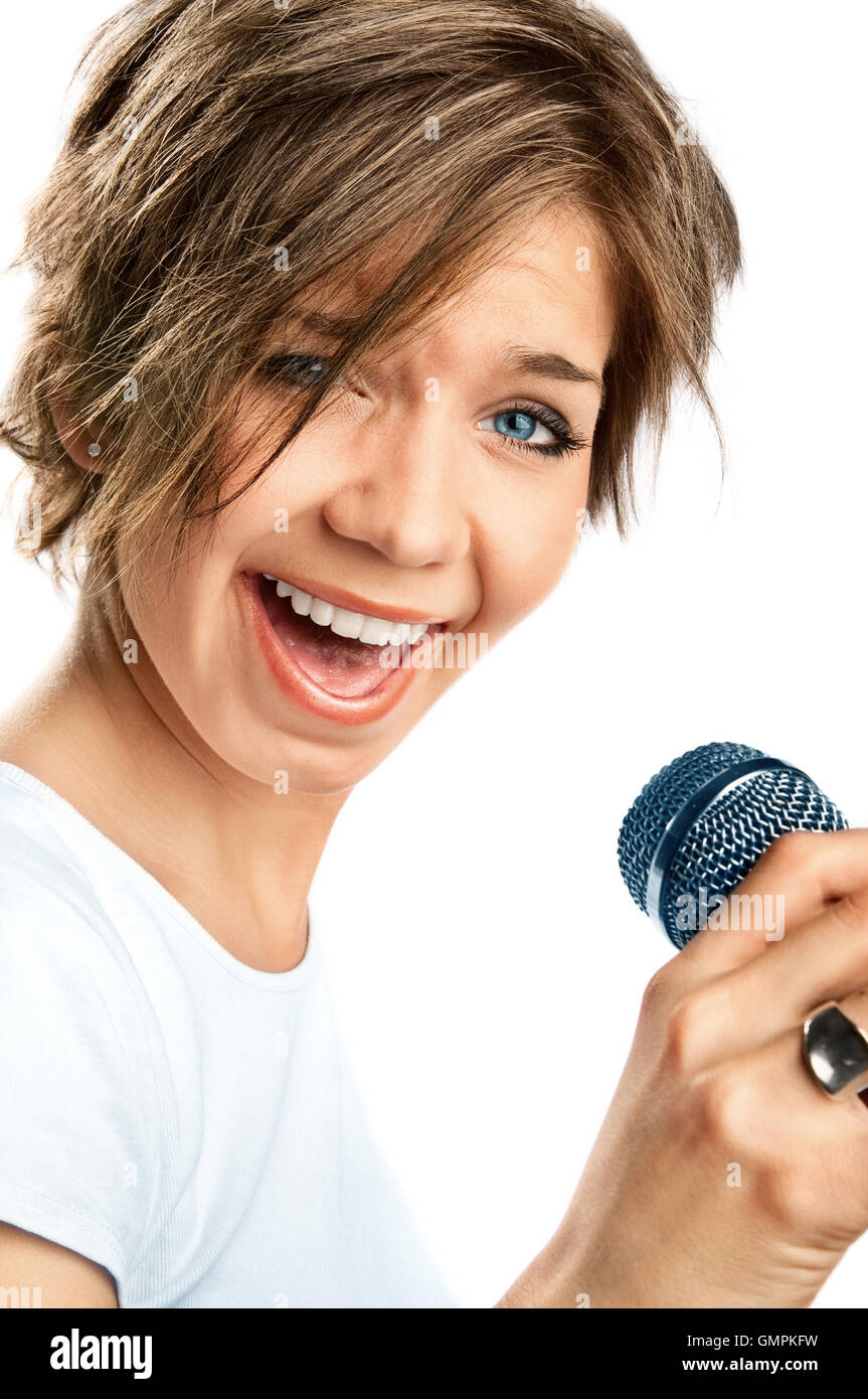 Girl Singing on white background Stock Photo - Alamy