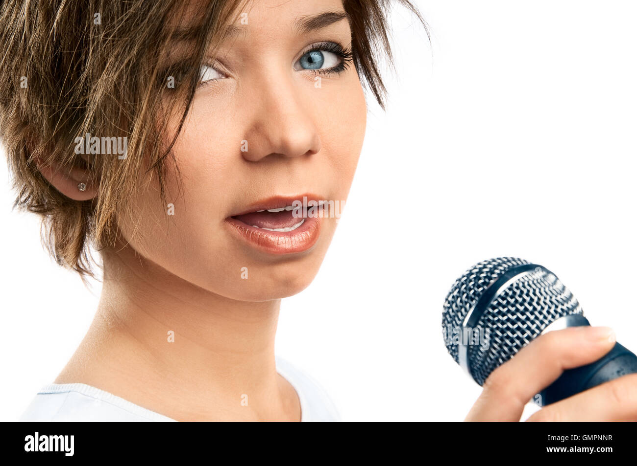 Girl Singing on white background Stock Photo - Alamy