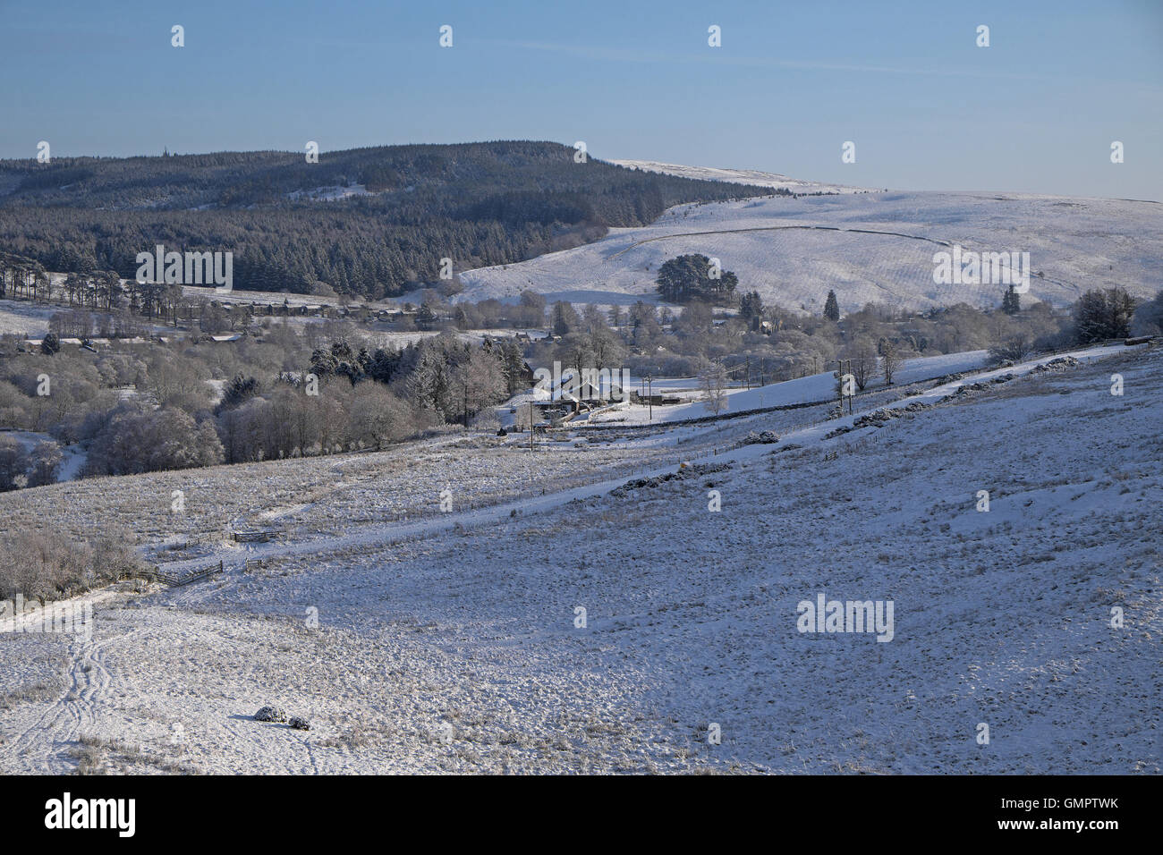 Winter view towards Falstone village from the Kielder Dam ...