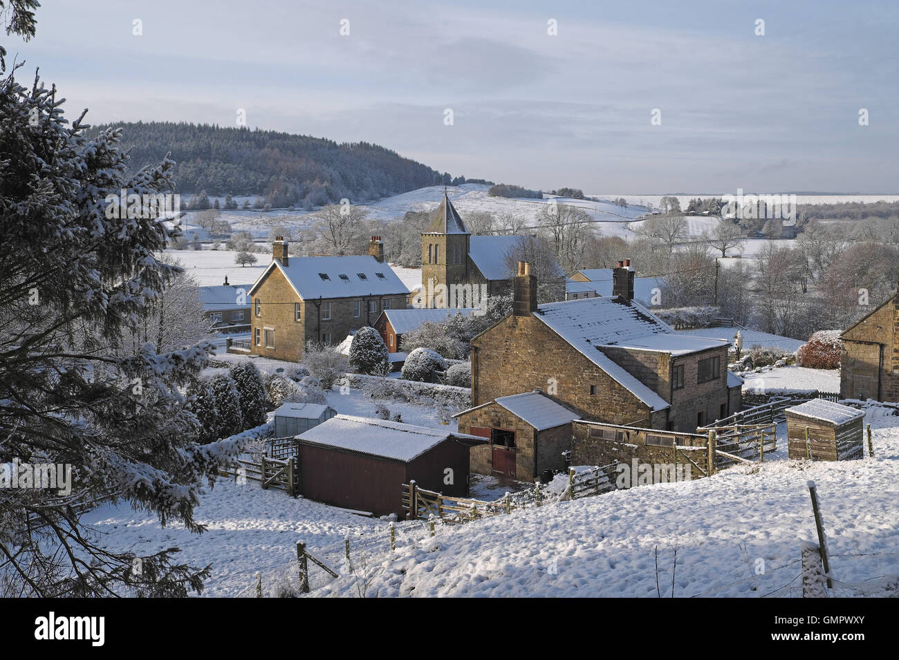 Falstone village under winter snow, Northumberland, England, UK Stock ...