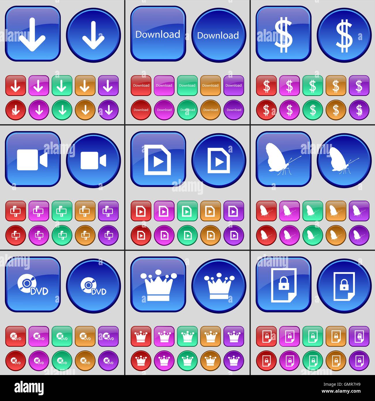 Arrow down, Download, Dollar, Film camera, Media file, Butterfly, DVD ...