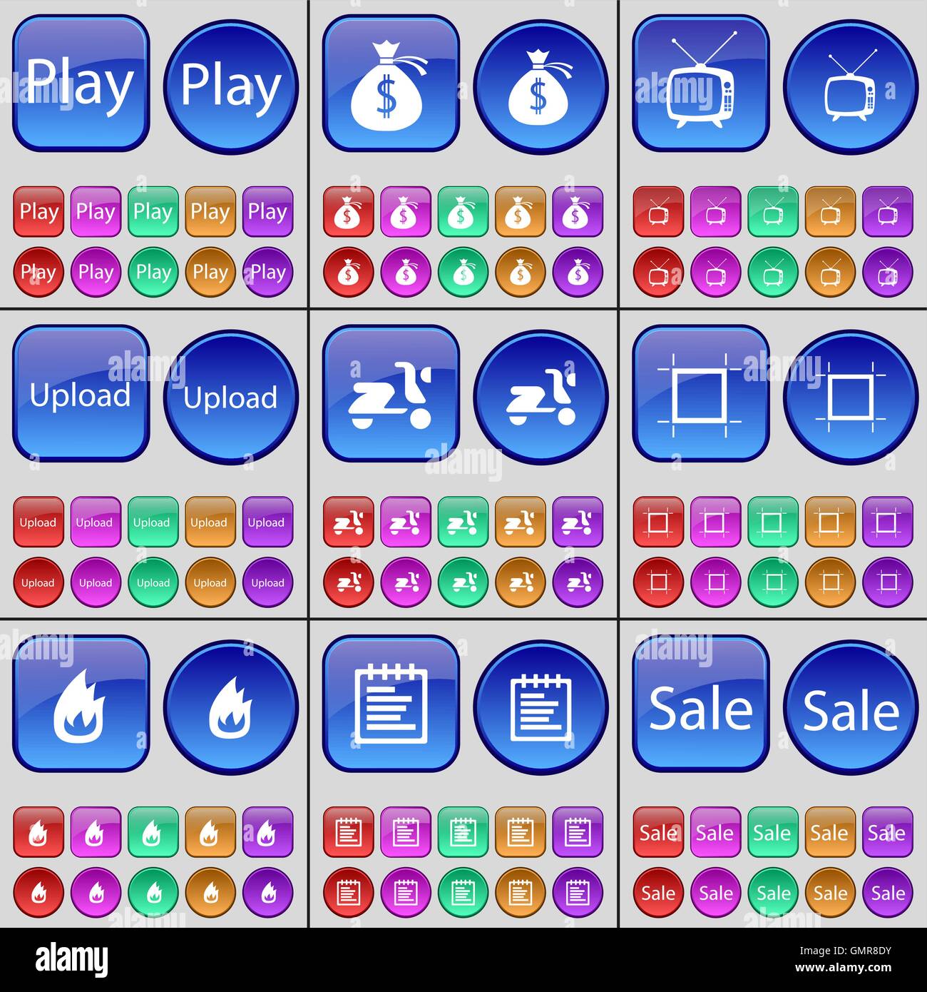 Play, Money bag, Retro TV, Upload, Scooter, Frame, Fire, Notebook, Sale ...
