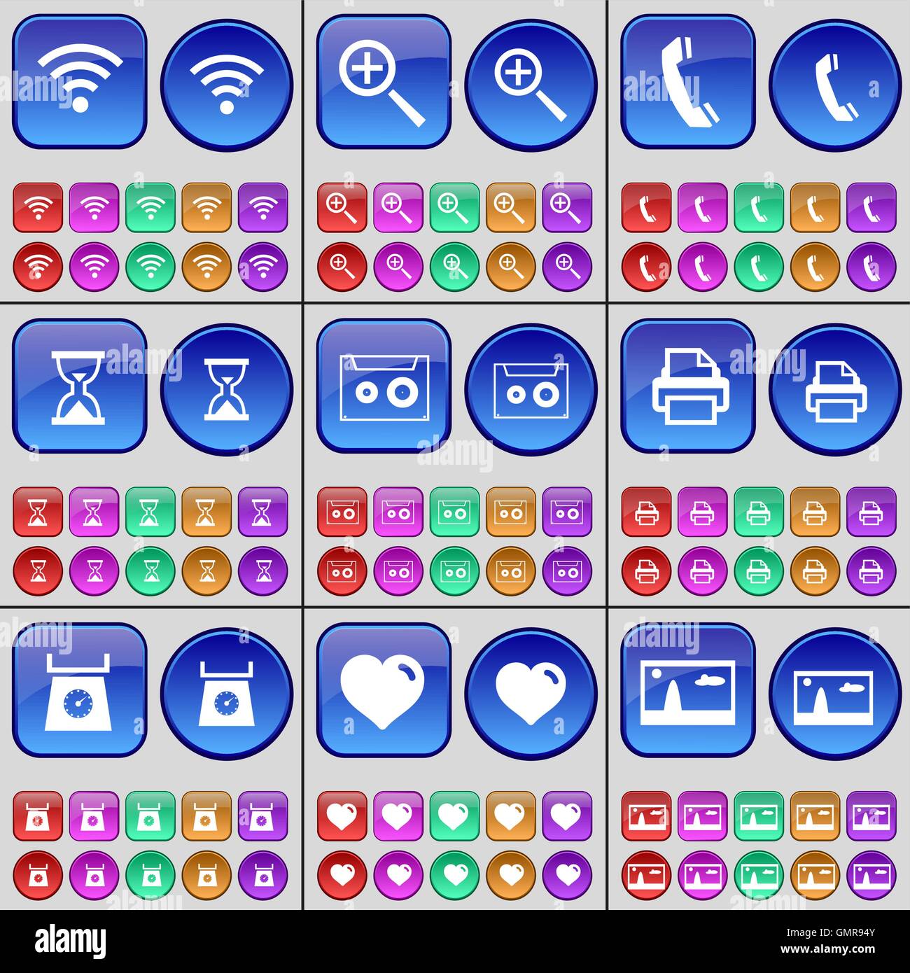 Wi-Fi, Magnifying glass, Receiver, Hourglass, Cassette, Printer, Scales ...