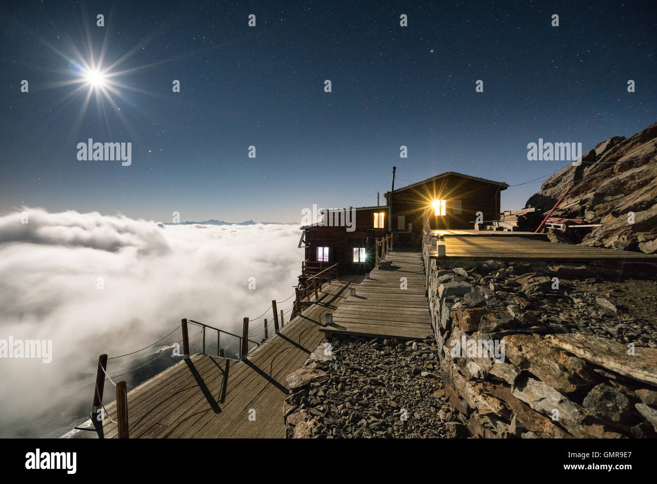 Gnifetti refuge at night, Monte Rosa massive, Italy, Alps, Europe, EU ...