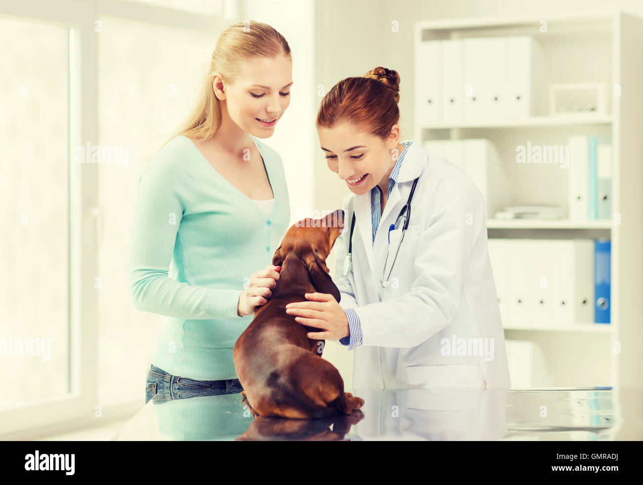 happy woman with dog and doctor at vet clinic Stock Photo - Alamy