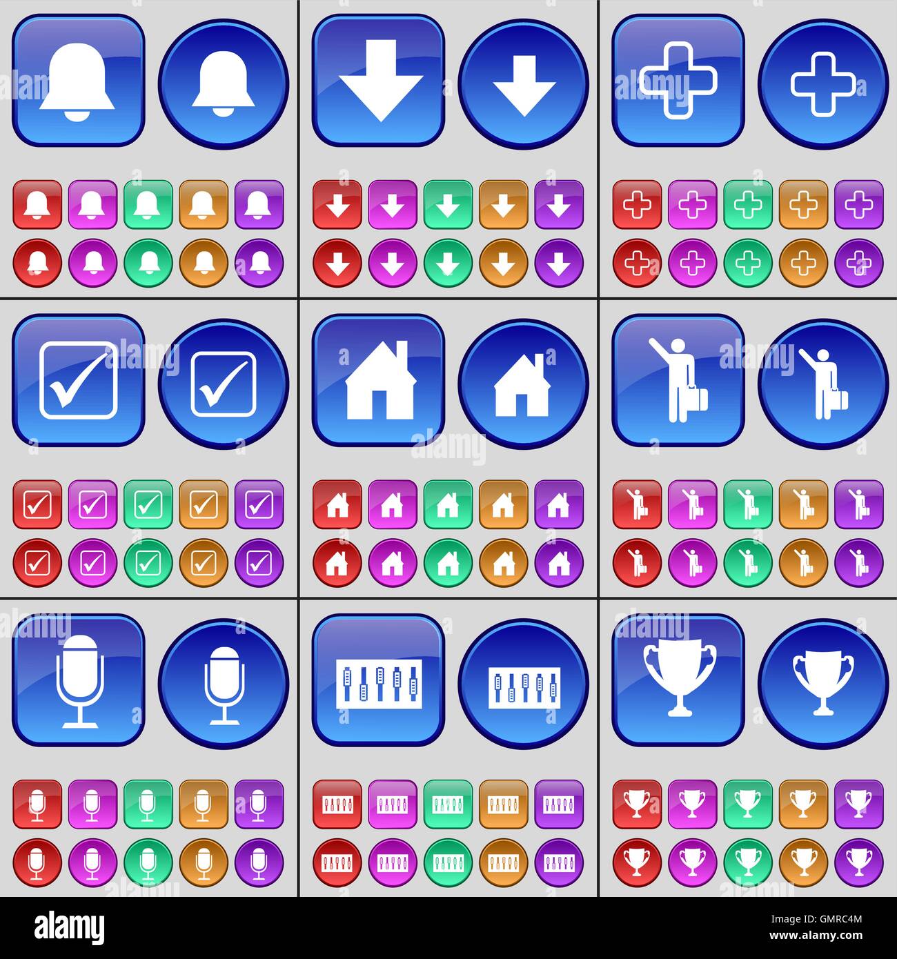 Notification, Arrow down, Plus, Tick, House, Silhouette, Microphone ...