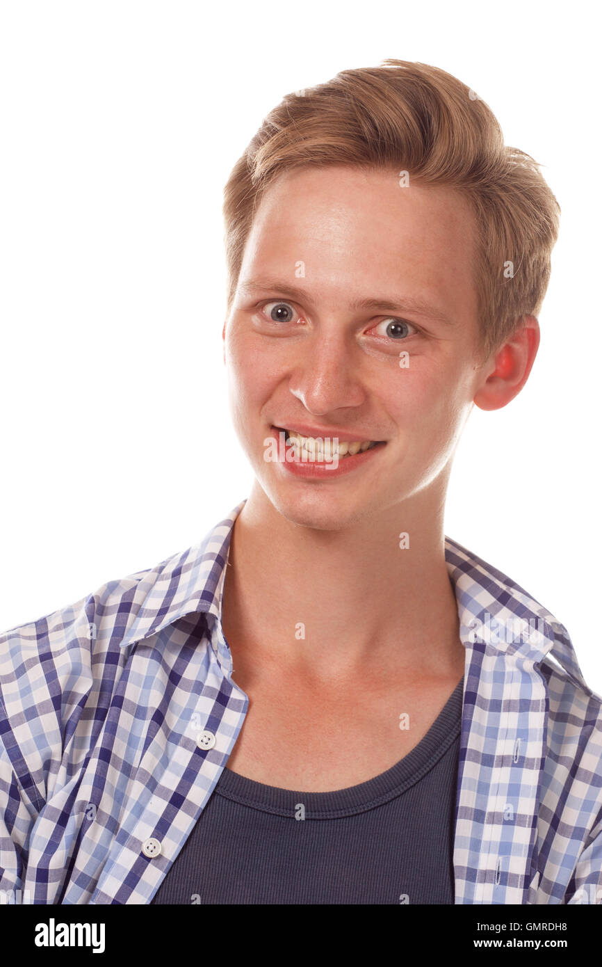 Young happy looking up man close up portrait Stock Photo - Alamy