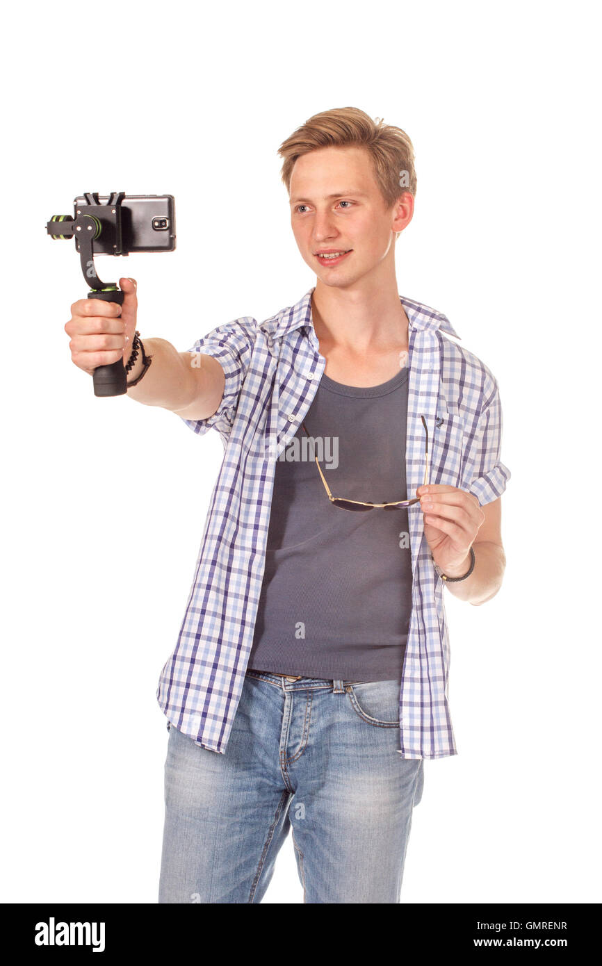 Man holds small action camera on gimbal. Isolated on white Stock Photo ...
