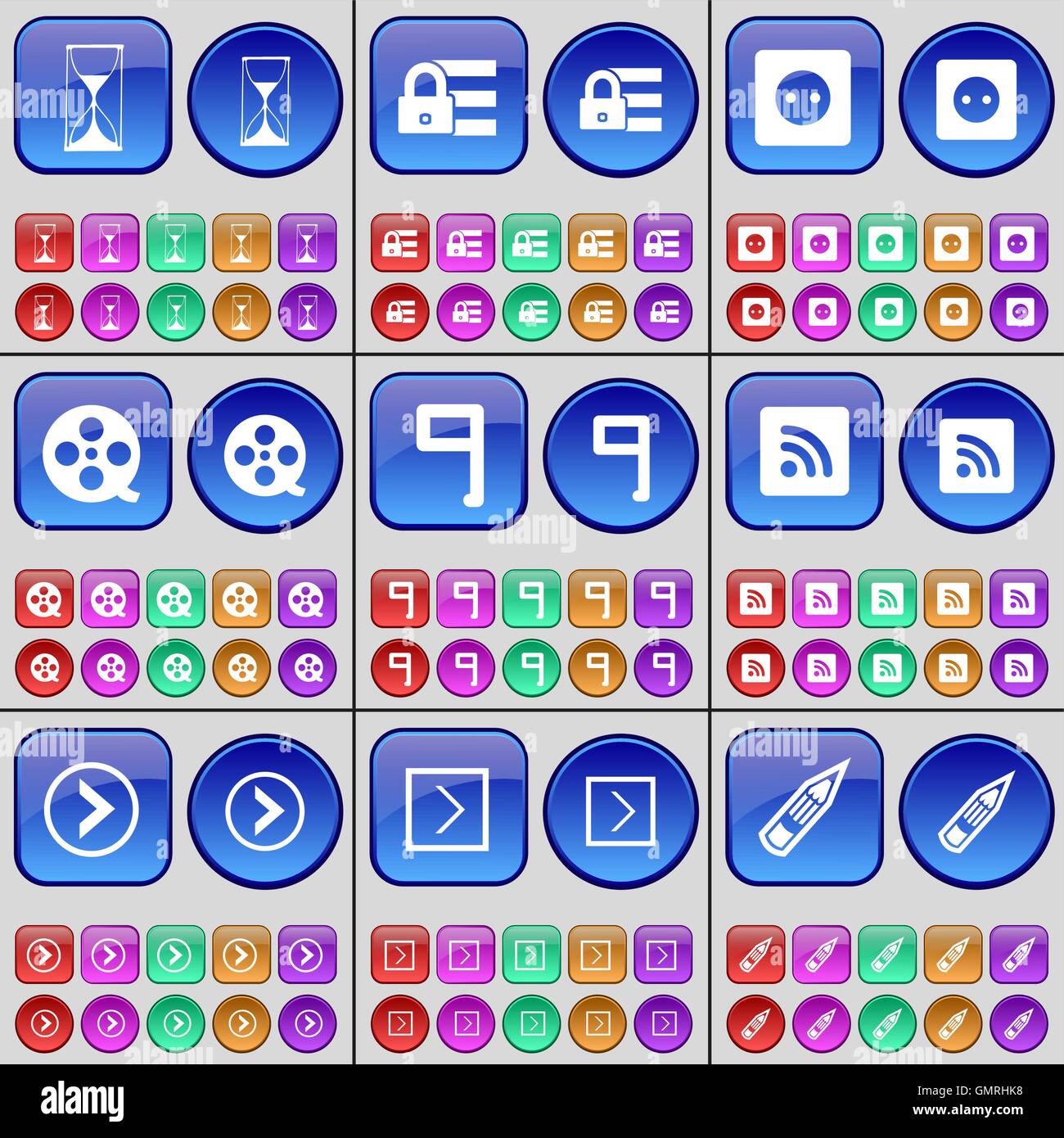 Hourglass, Lock, Socket, Videotape, Nine, RSS, Arrow right, Pencil. A ...