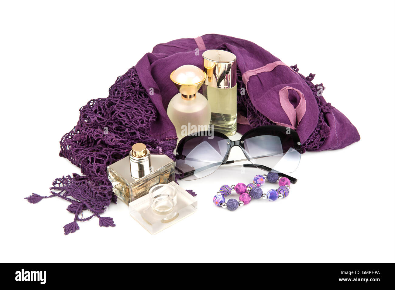 perfume and other accessories for women isolated on white background ...