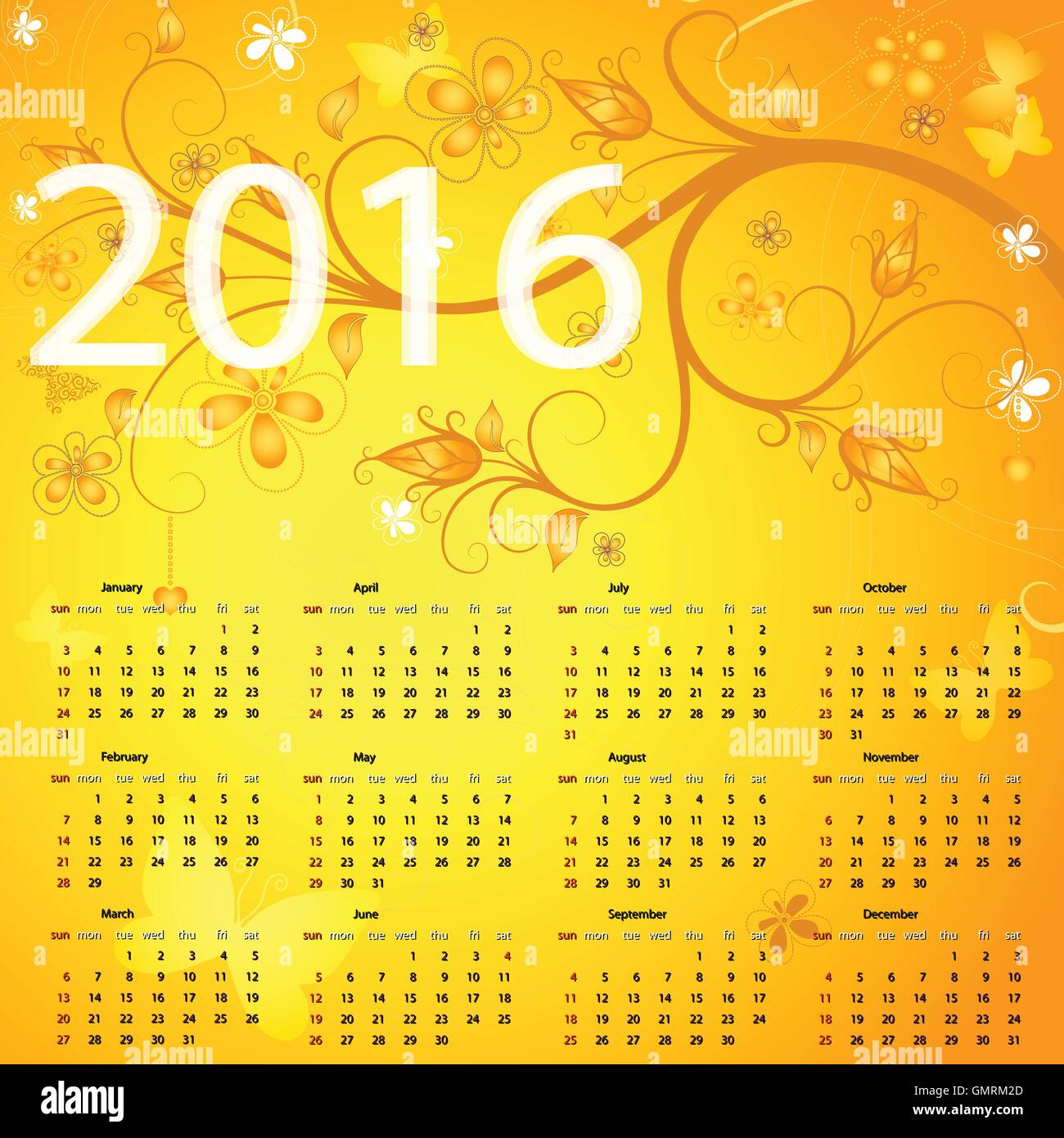Floral yellow calendar for 2016 Stock Vector Image & Art - Alamy