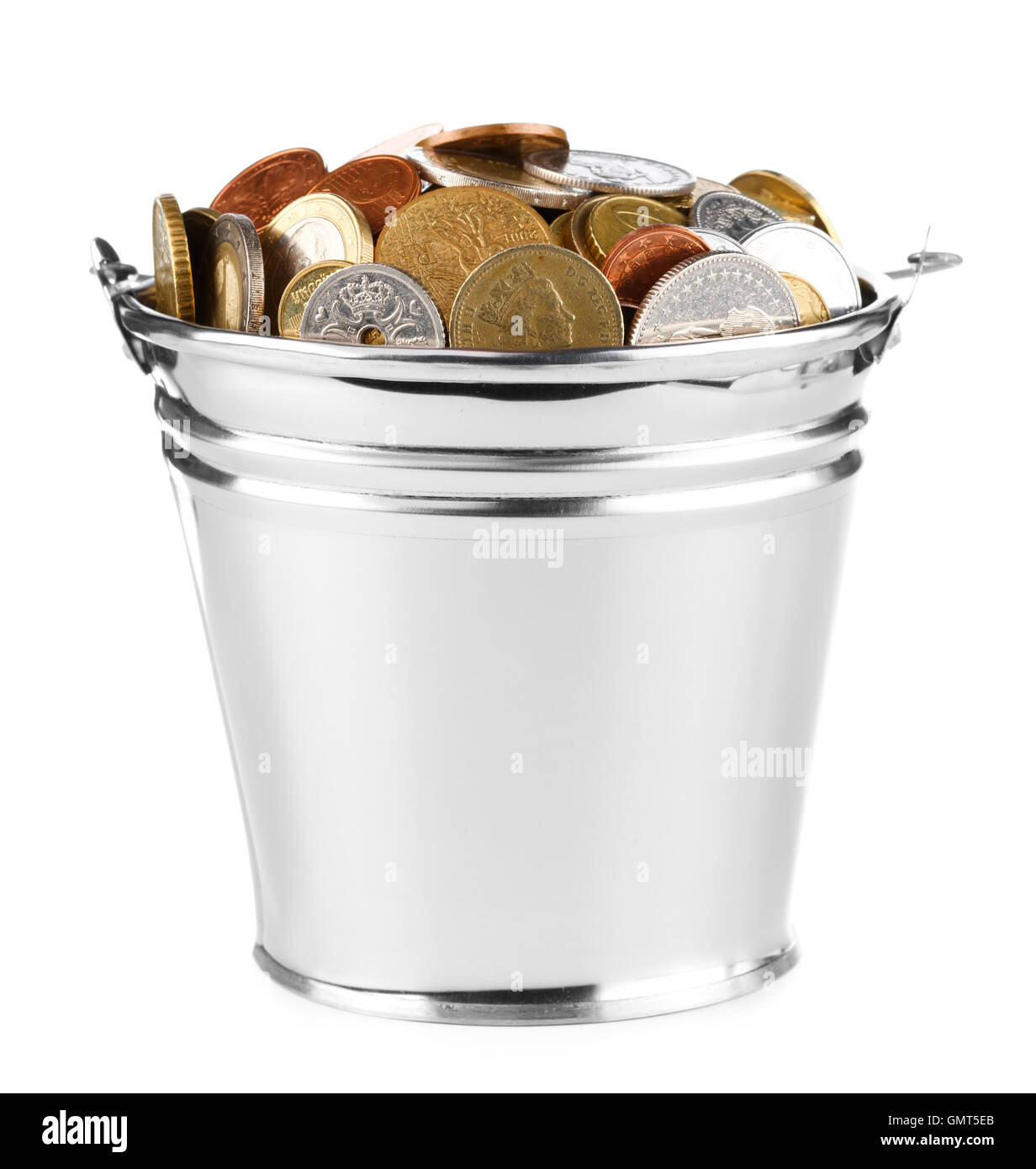 bucket full of coins over white Stock Photo - Alamy