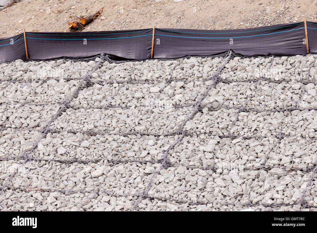 Gravel wire mesh bank revetment erosion control Stock Photo - Alamy