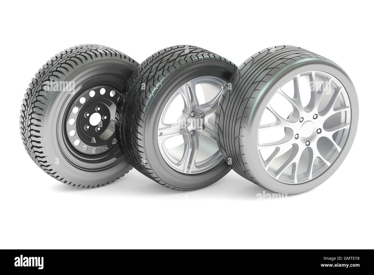 Set of car wheels, 3D rendering isolated on white background Stock ...