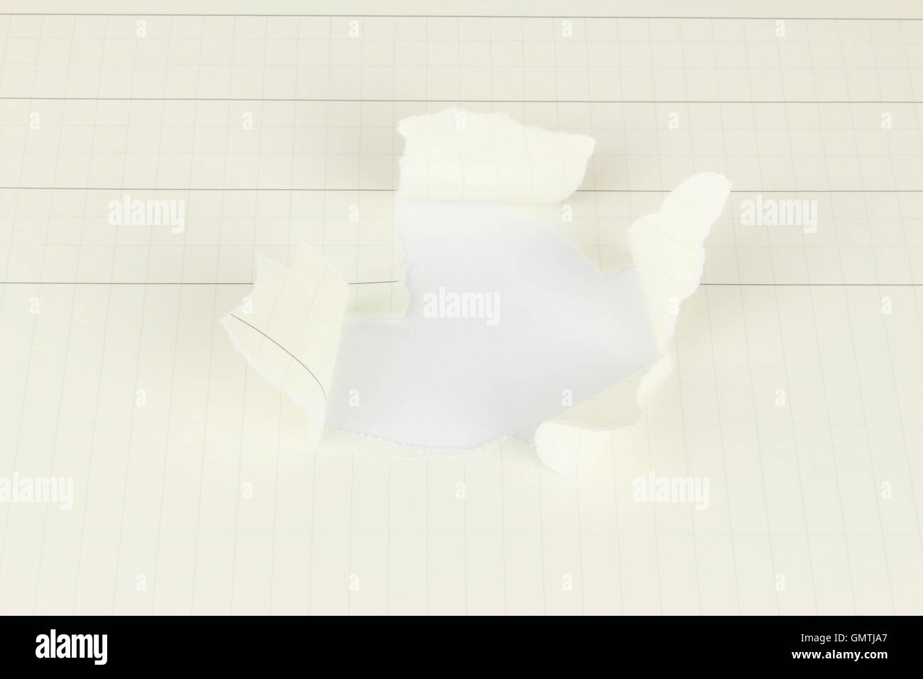 A sheet of notebook paper, lined, with oval shaped ripping, for white ...