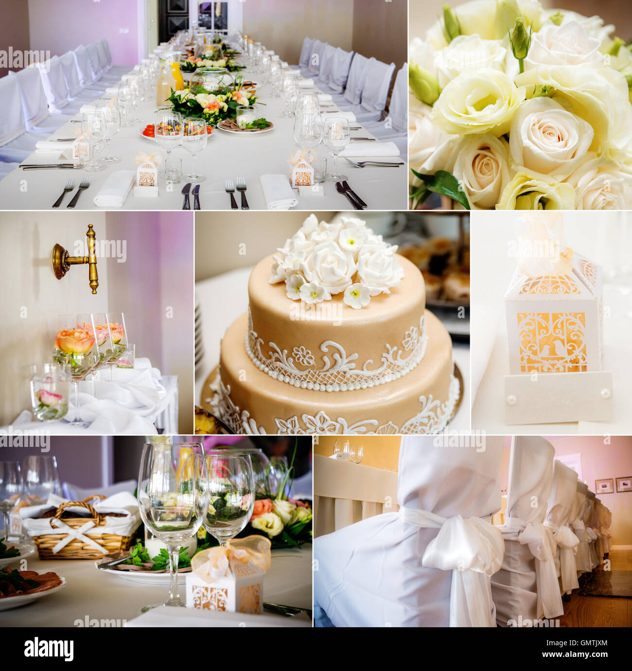 Wedding collage, wedding table set for dining Stock Photo - Alamy
