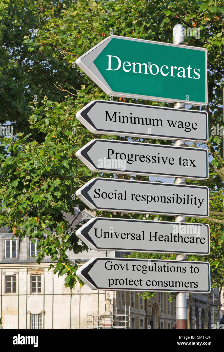 A concept road sign pointing to the left showing basic policies for the ...