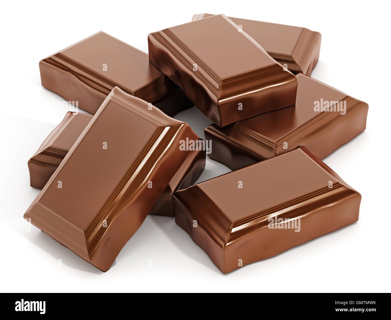 Brown chocolate tablet parts isolated on white background. 3D ...
