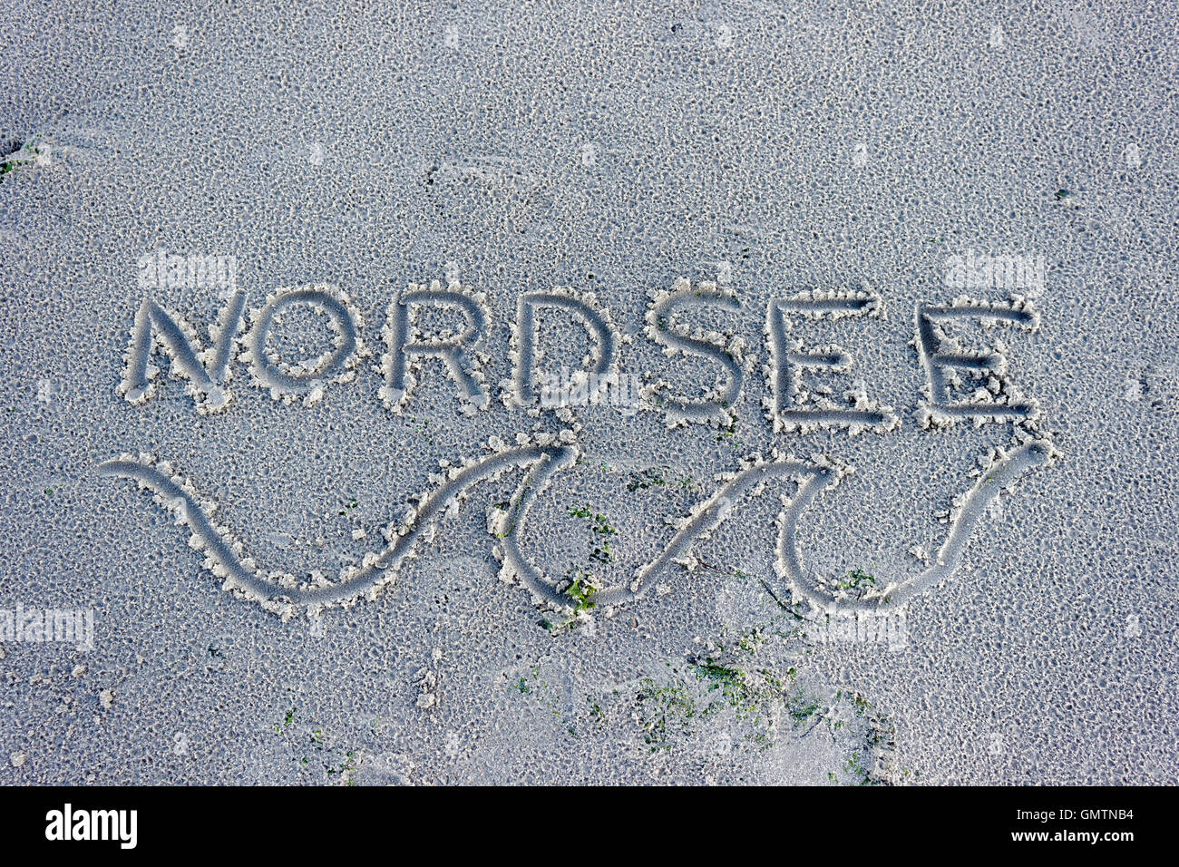 ´North Sea´ written into the sand, beach, Wyk, Foehr Island, North ...