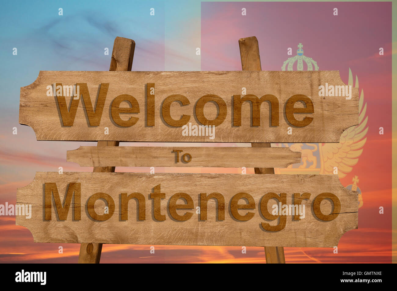 Welcome to Montenegro sign on wood background with blending national ...