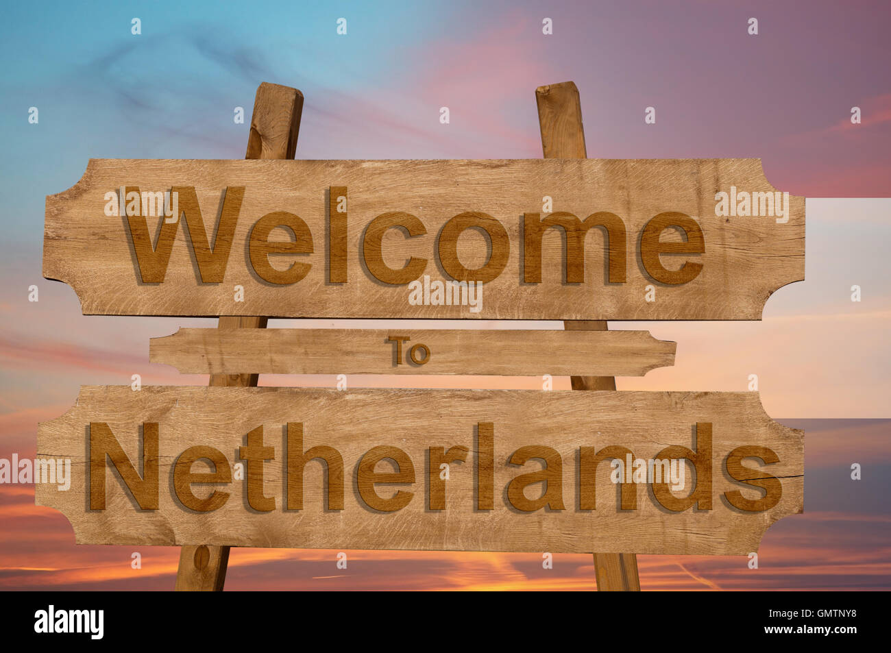Welcome to Netherlands sign on wood background with blending national ...
