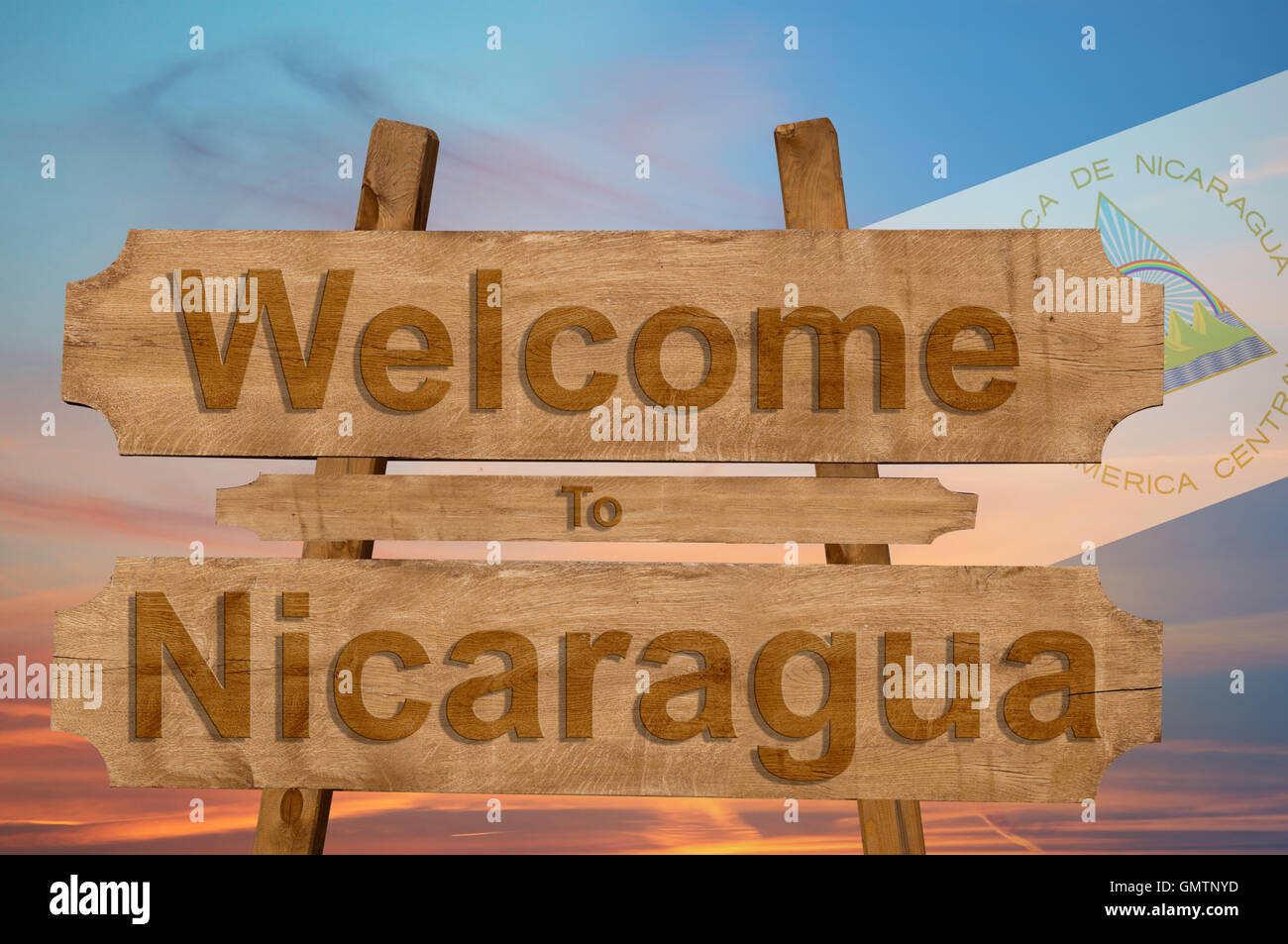 Welcome to Nicaragua sign on wood background with blending national ...