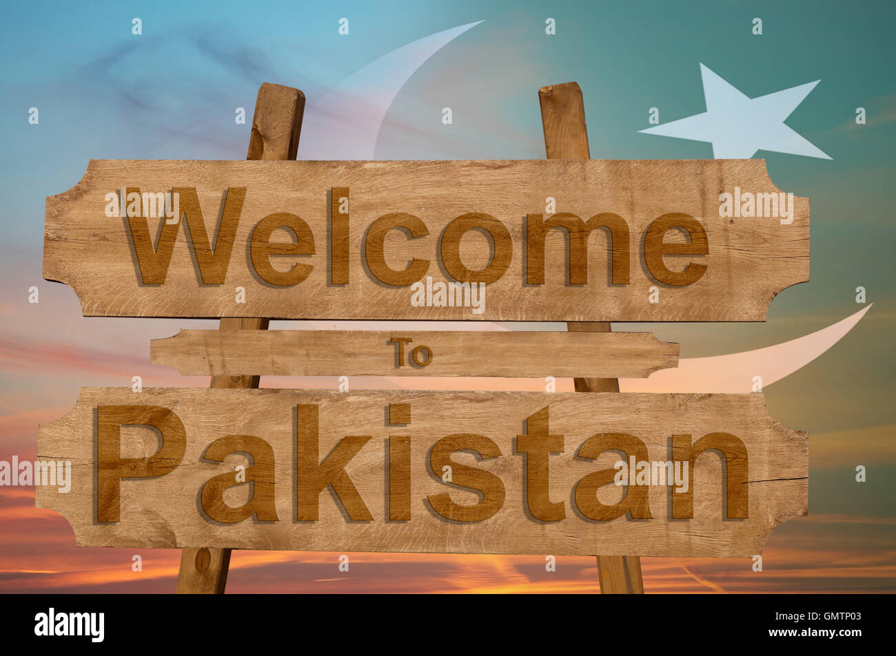 Welcome to Pakistan sign on wood background with blending national flag ...