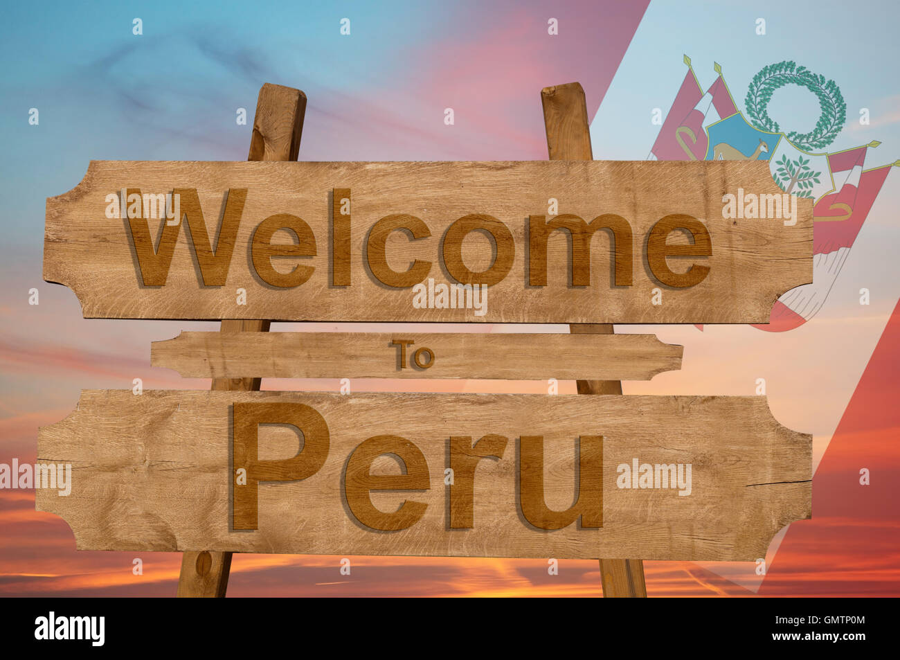 Welcome to Peru sign on wood background with blending national flag ...