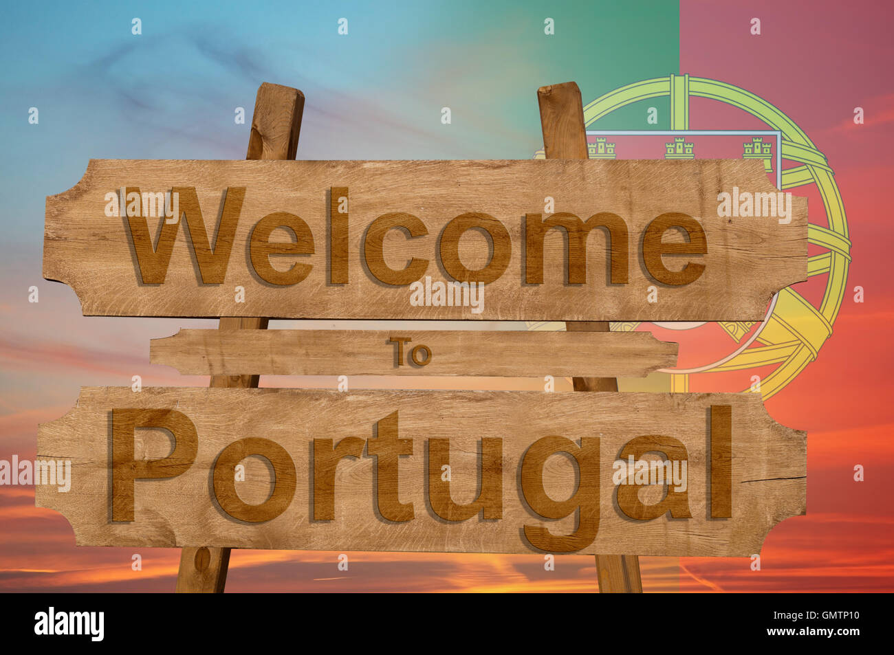 Welcome to Portugal sign on wood background with blending national flag ...