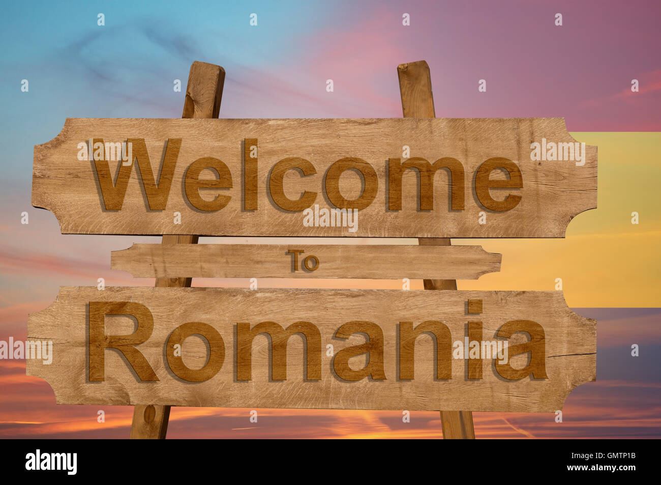 Welcome to Romania sign on wood background with blending national flag ...