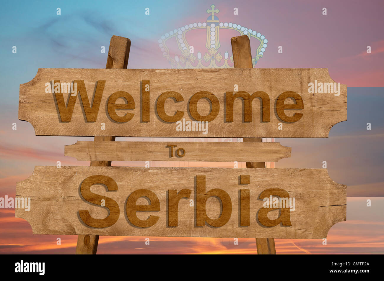 Welcome to Serbia sign on wood background with blending national flag ...
