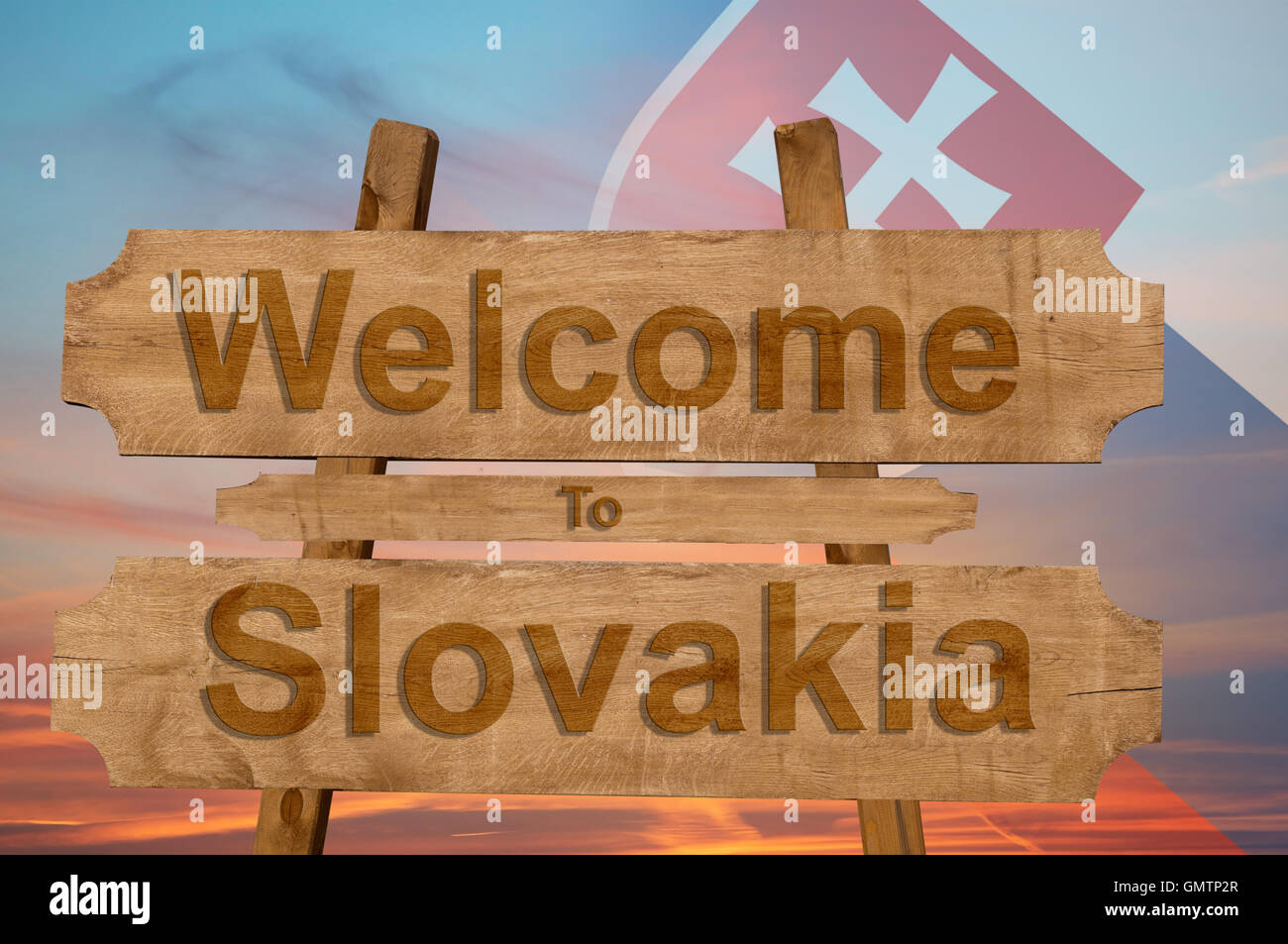 Welcome to Slovakia sign on wood background with blending national flag ...
