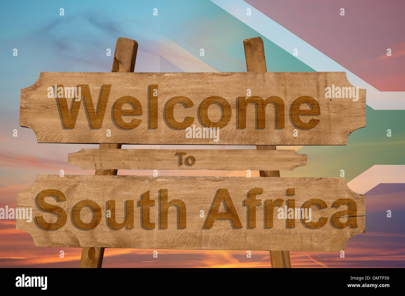 Welcome to South Africa sign on wood background with blending national ...