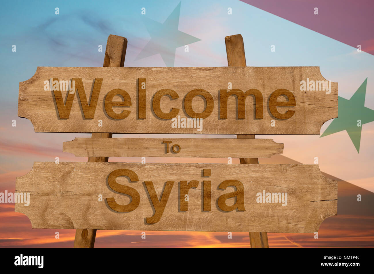 Welcome to Syria sign on wood background with blending national flag ...