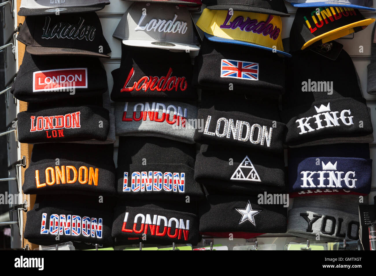 Woollen hats with the wording London, Camden Market, London, England ...