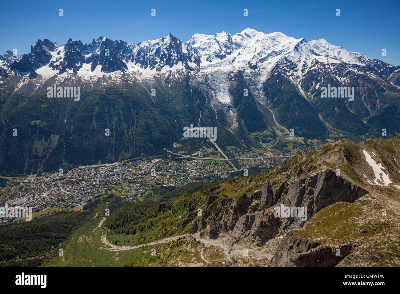 View from Le Brevent to Chamonix Valley, massif Mont Blanc, France ...