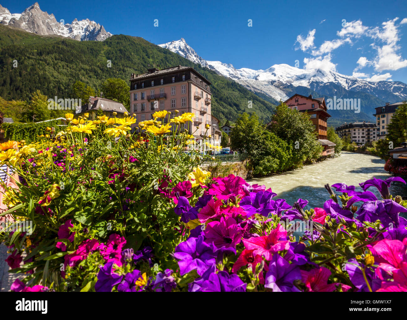 Flowers on e bridge on Arve River in Chamonix, France, Alps Stock Photo ...
