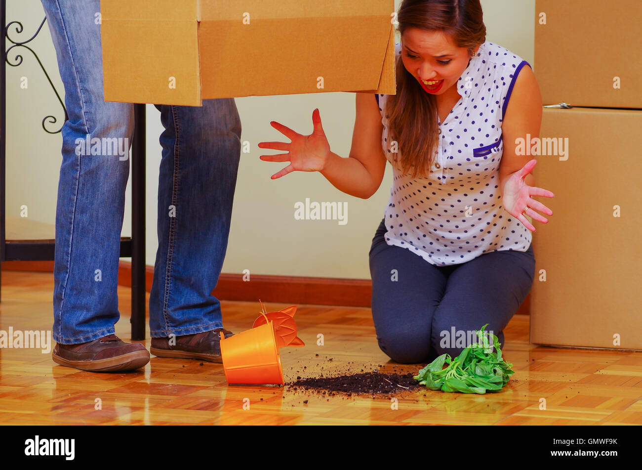 Man carrying cardboard box that has broken bottom, woman sitting ...