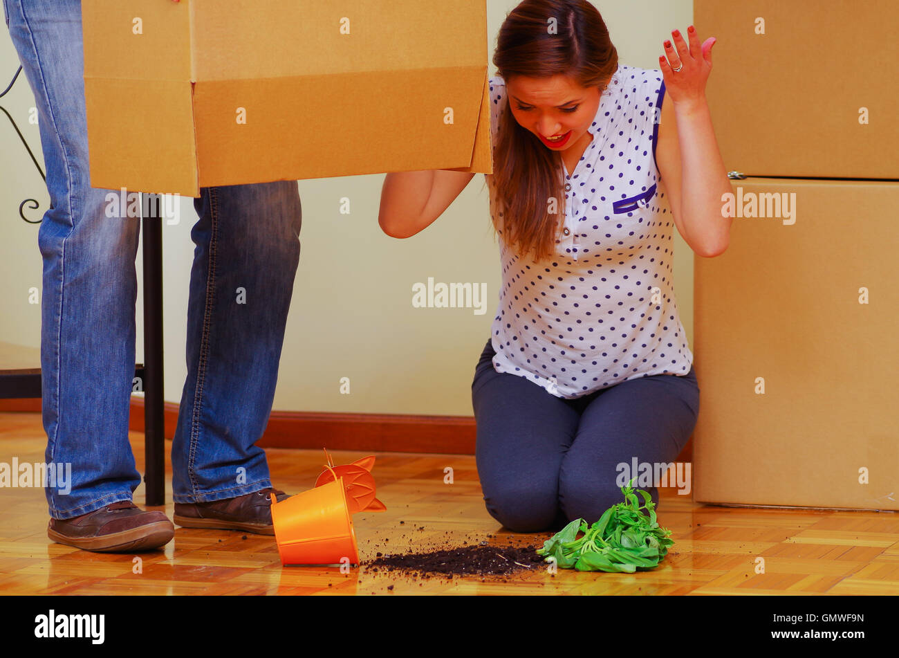 Man carrying cardboard box that has broken bottom, woman sitting ...