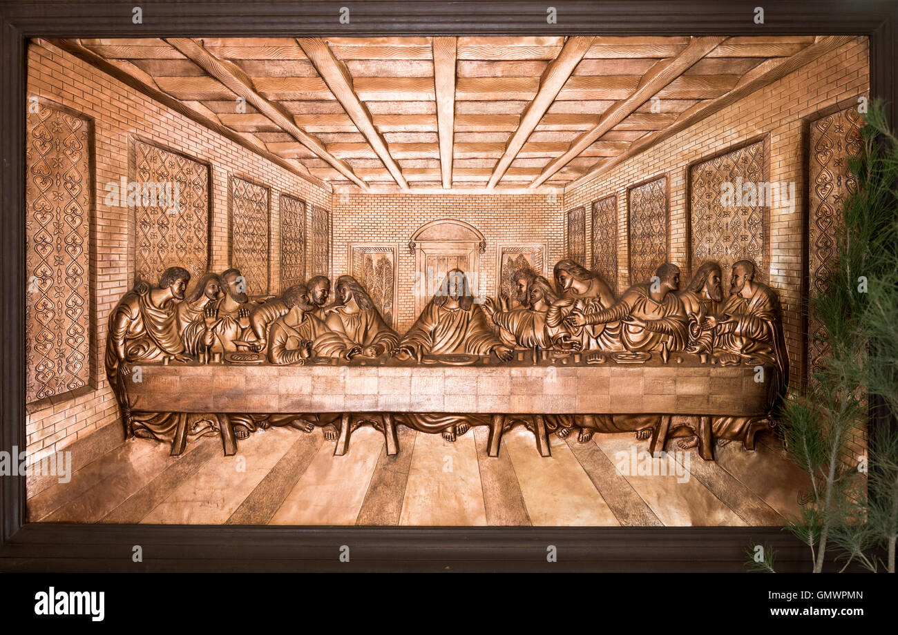Copper relief of the last supper in craft workshop in Isfahan, Iran ...