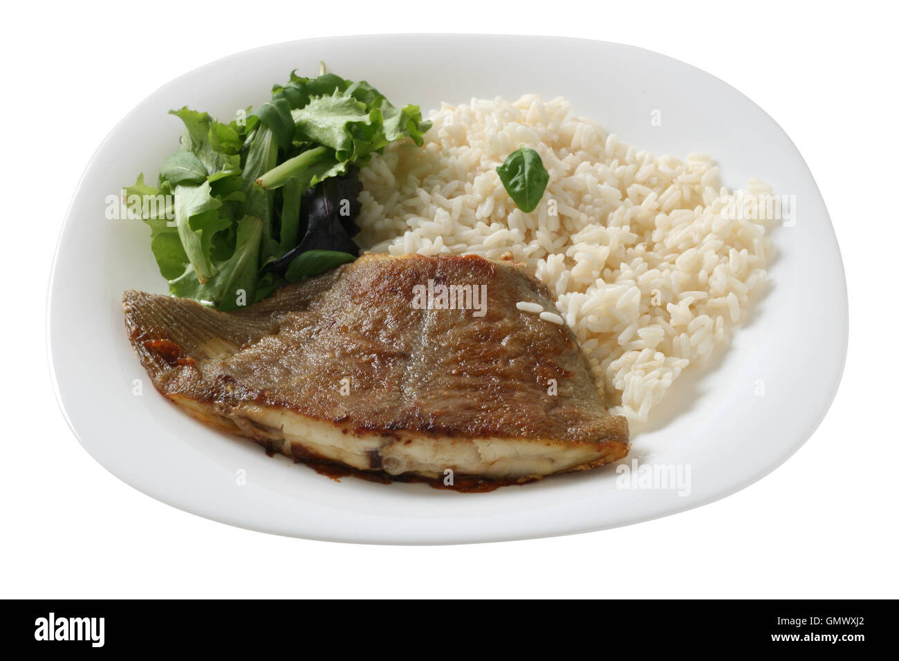 fried flounder with boiled rice Stock Photo - Alamy