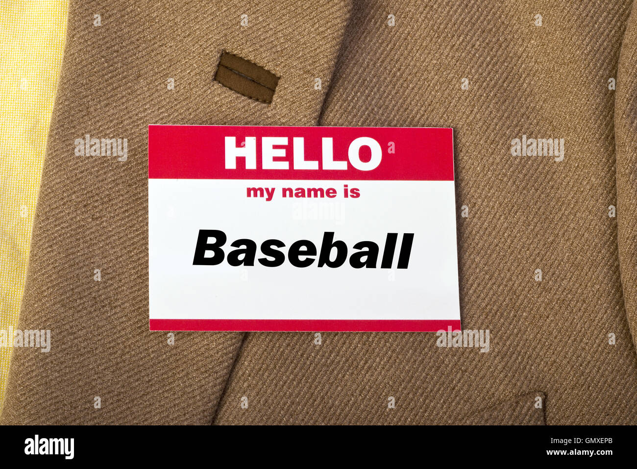 Hello my name is Baseball on name tag Stock Photo - Alamy