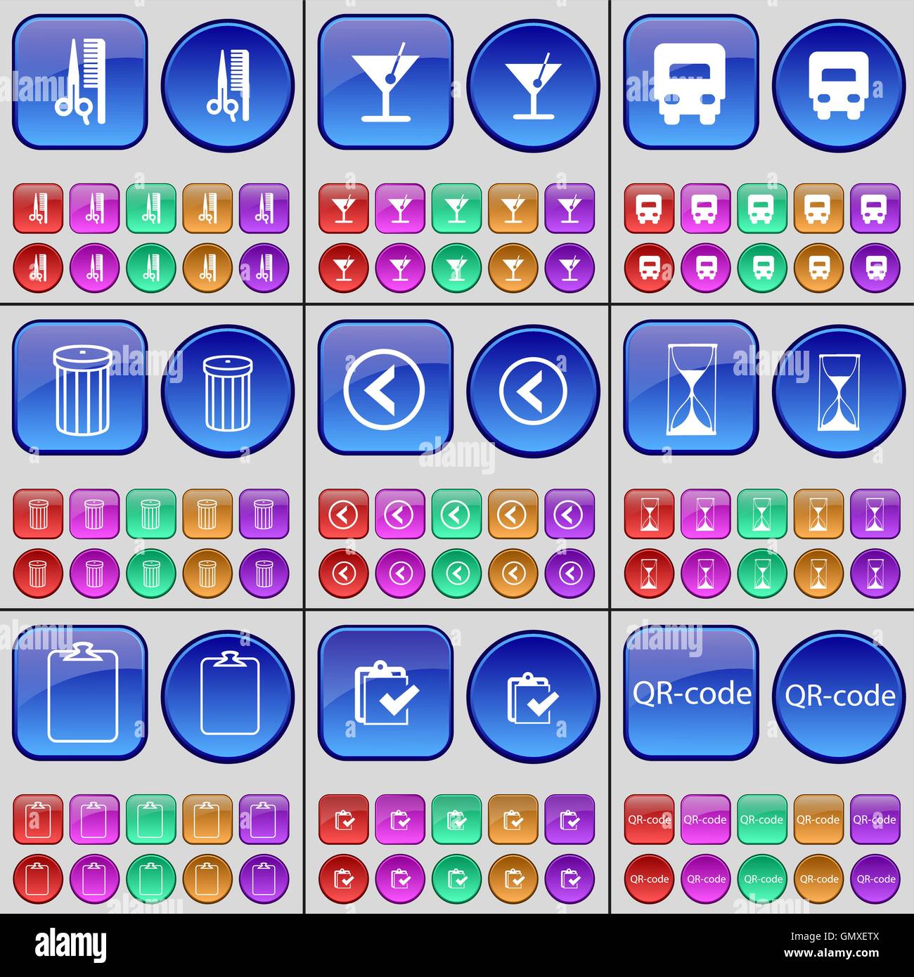 Haircut, Cocktail, Truck, Trash can, Arrow left, Hourglass, Survey, QR ...