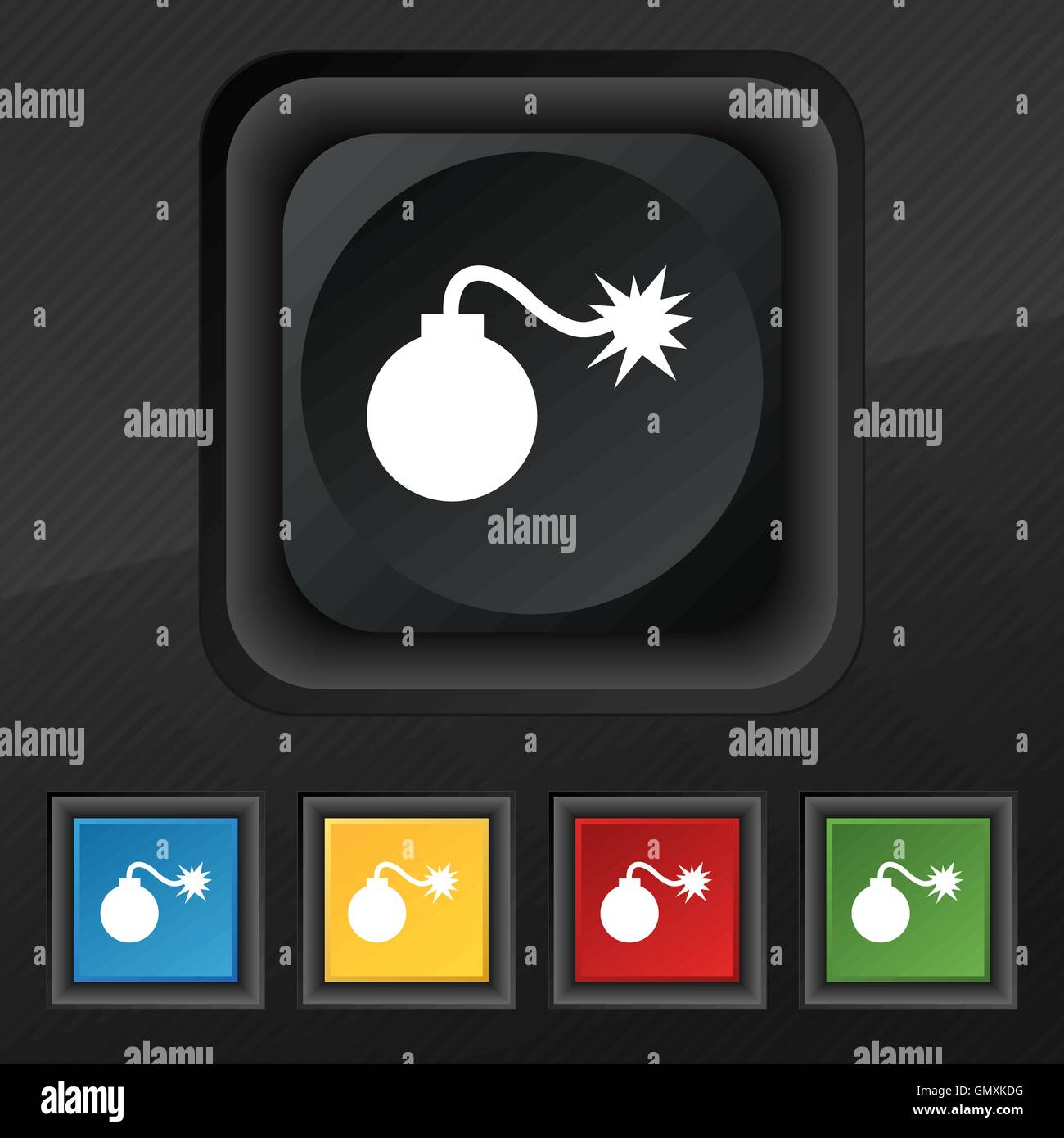 bomb icon symbol. Set of five colorful, stylish buttons on black ...