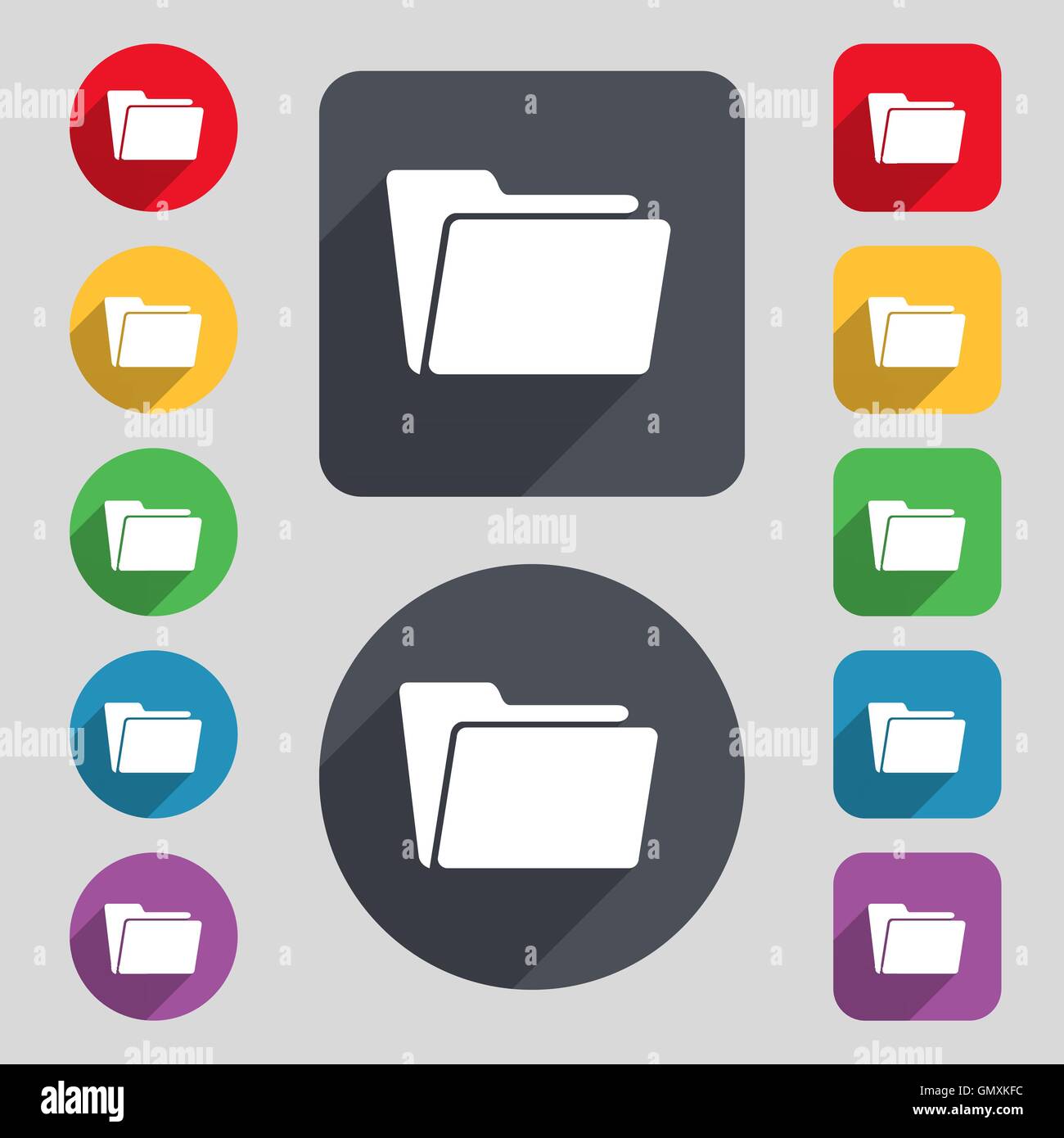 Folder icon sign. A set of 12 colored buttons and a long shadow. Flat ...