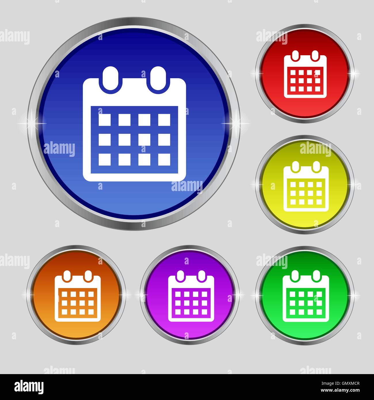 calendar page icon sign. Round symbol on bright colourful buttons ...
