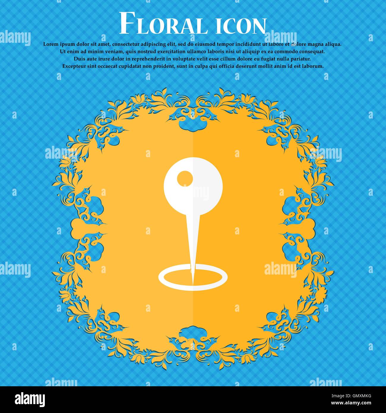 Map pointer icon. Floral flat design on a blue abstract background with ...
