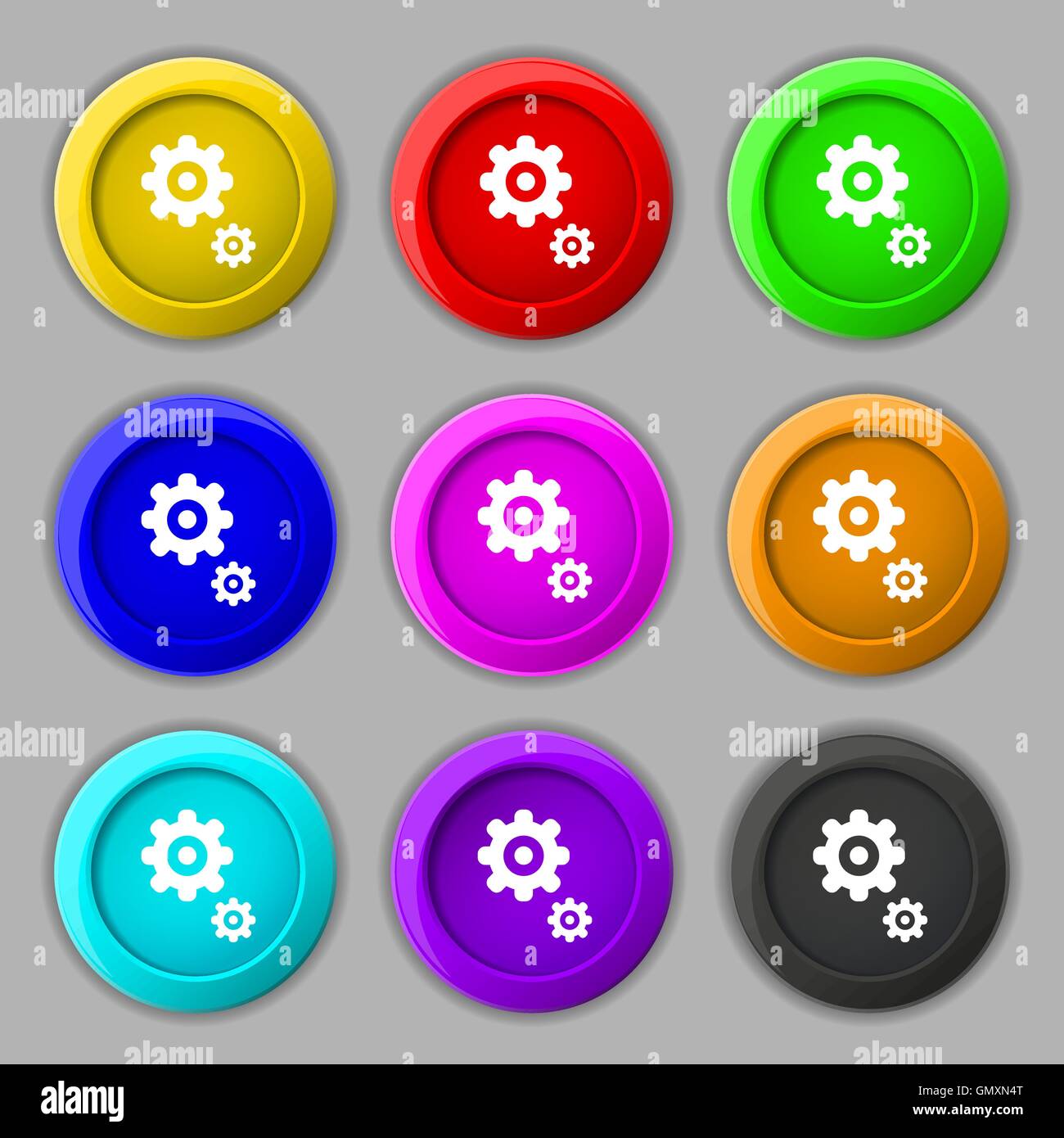 gears icon sign. symbol on nine round colourful buttons. Vector Stock ...