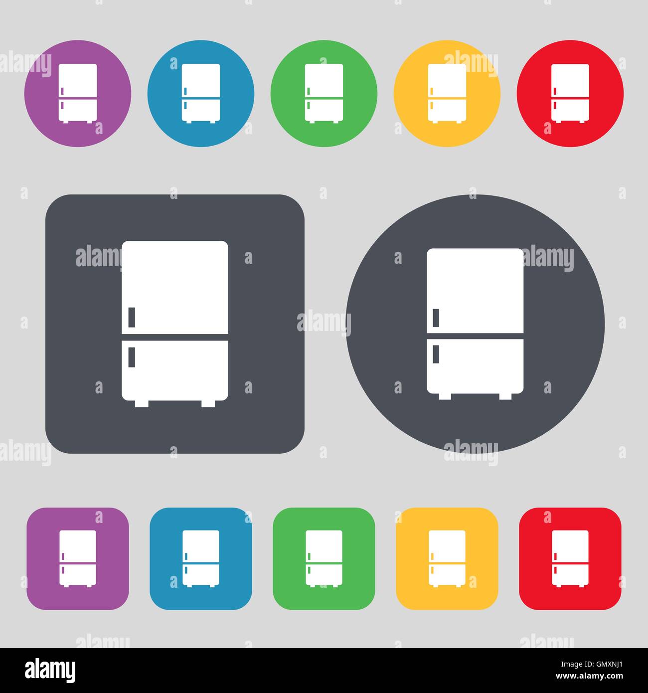 Refrigerator icon sign. A set of 12 colored buttons. Flat design ...